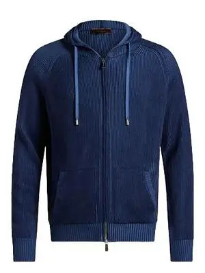 MOORER Cotton Ribbed Knit Zip-up Cardigan - Blue