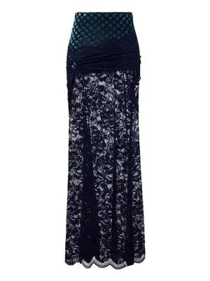 Rabanne Rabanne Gathered Lace And Velvet Maxi Skirt Blue