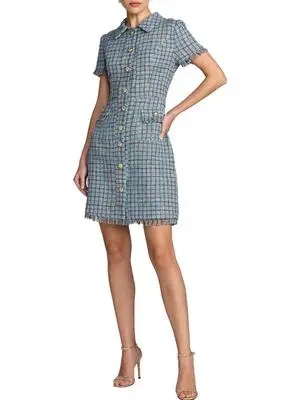 Mac Duggal Collared Tweed Mini Dress With Fringe Trim - Blue Multi