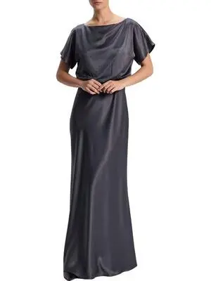 Ronen Chen Maxi Satin Dress With Bateau Neckline And Dolman Sleeves - Grey