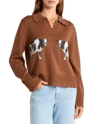 Farm Rio Countryside Cow Split Neck Sweater - Brown