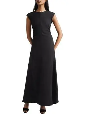 St. John Stretch Linen Blend Twill Cap Sleeve Dress - Black