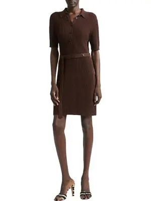 FERRAGAMO Ribbed Knit Polo Dress With Belt - Expresso
