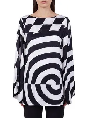 Dries Van Noten Long-sleeved Viscose Blouse With Optical Print - Black