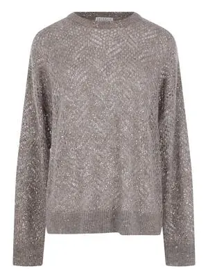 Brunello Cucinelli Crew Neck Sequin Embellished Sweater - Grey