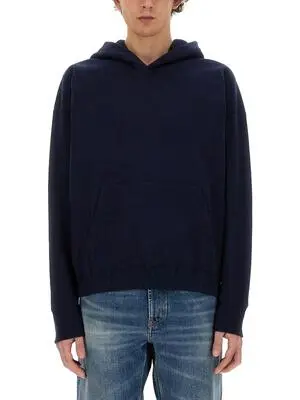 Saint Laurent Logo Embroidered Cotton Hoodie - Blue
