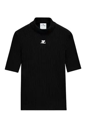 COURREGES COURREGES Ribbed Short Sleeve High Neck Sweater With Logo Detail Black
