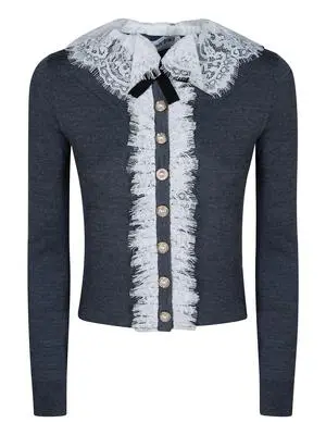 SELF-PORTRAIT Knit Cardigan With Statement Lace Collar - Grigio