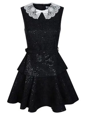 SELF-PORTRAIT Sequin Boucle Mini Dress With Lace Collar - Nero