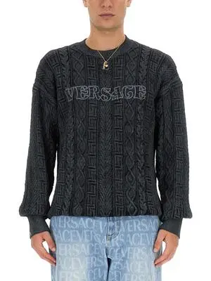 Versace Knit Sweater With Greek Braid Detailing - Grey