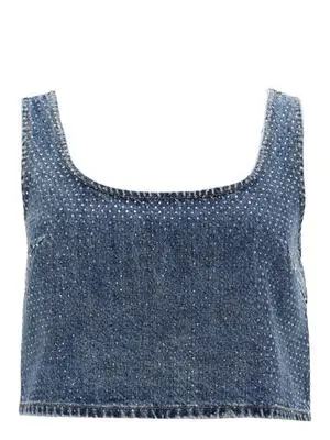 SELF-PORTRAIT Embellished Denim Tank Top - Blue
