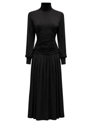 GANNI Ruched Turtleneck Midi Dress - Black