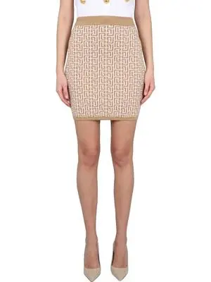Balmain All-over Monogram Knitted Mini Skirt - Beige