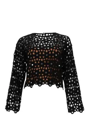 Michael Kors Long Sleeve Cropped Open-knit Embellished Top - Black