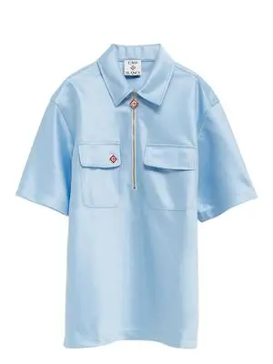 Casablanca Satin Quarter Zip Short Sleeve Shirt - Blue