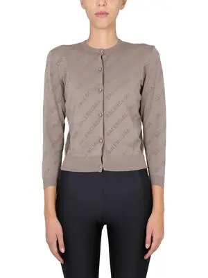 Balenciaga Allover Logo Cropped Cardigan - Beige