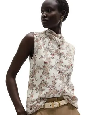 ME+EM Whimsical Bulbs Print Silk Cowl Neck Sleeveless Top - Light Cream/multi