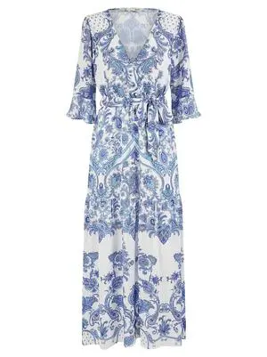 YUMI Paisley Print Wrap Maxi Dress With Frill Sleeves - Blue
