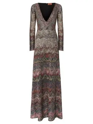 Missoni Long Sleeve V-neck Chevron Sequin Maxi Dress - Multicoloured