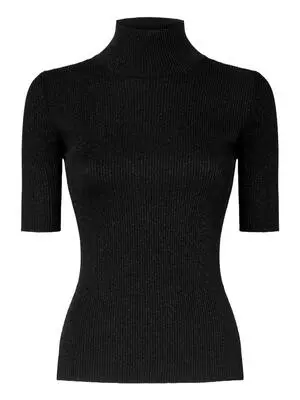 Missoni Ribbed Knit Lamé Top With High Neck And Short Sleeves - Black