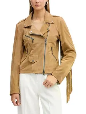 VICOLO Suede Fringe Biker Jacket - Neutrals