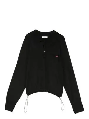 Sandro Fine Knit Polo Top With Logo Patch And Drawstring Hem - Black
