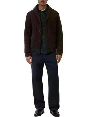 Closed Ribbed Shawl-collar Cardigan - Brown
