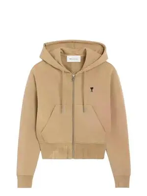 AMI Paris Zipped Cotton Hoodie With De Coeur Embroidery - Neutrals