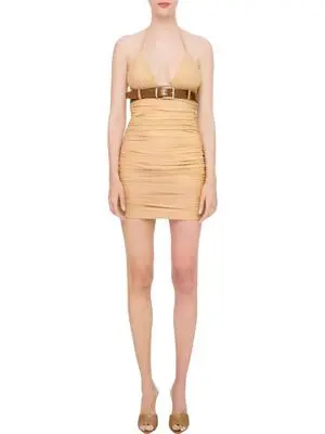MEDEEA Ruched Halterneck Mini Dress - Neutrals