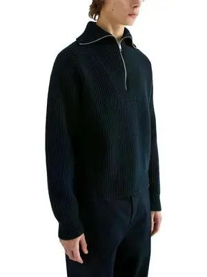 JIL SANDER Ribbed Quarter-zip Wool Sweater - Blue