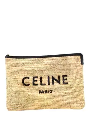 Celine Raffia Sequined Logo Pouch - Neutrals