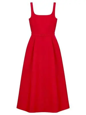 Dior Sleeveless Belted Midi Dress With Pleated Details - Red