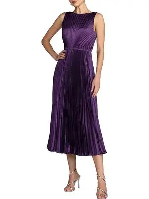 Mac Duggal Sleeveless High Neck Pleated Midi Dress - Purple