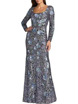 Mac Duggal Floral Beaded Mesh Long Sleeve Square Neck Gown - Hydrangea Multi