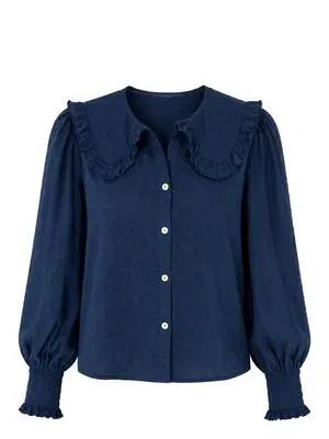 MIND TRAVELER Diana Navy Blouse With Peter Pan Collar And Ruffle Detail - Blue