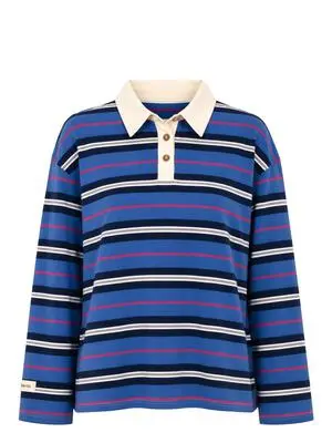 MIND TRAVELER Long Sleeve Striped Polo Shirt - Blue
