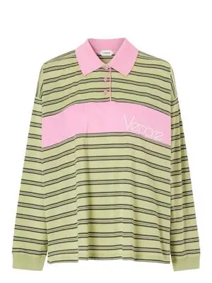 Versace Logo Embroidered Striped Cotton-jersey Polo Shirt - Brown