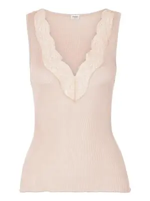 Saint Laurent Lace-trimmed Ribbed Silk-jersey Tank - Neutrals