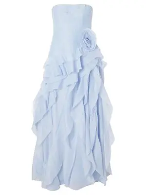 Aje Canyon Strapless Appliquéd Ruffled Pleated Chiffon Gown - Blue