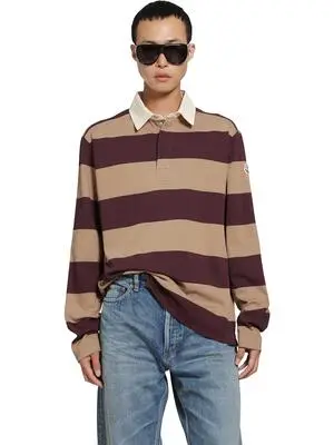 Moncler Striped Cotton Long Sleeve Polo Shirt - Beige