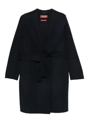 Max Mara Navy Blue Shawl Collar Belted Wrap Coat - Multicolor