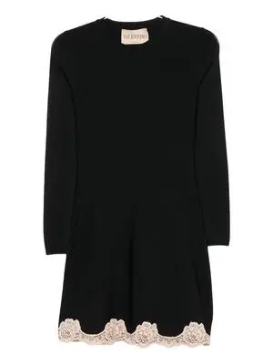 Valentino Garavani Black Round Neck Long Sleeve Dress With Floral Lace Trim - Multicolor