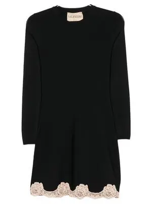Valentino Garavani Black Round Neck Long Sleeve Dress With Floral Lace Trim - Multicolor