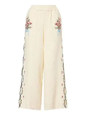 Agua Bendita Floral Embroidered Wide Leg Cotton Trousers - Multicolor
