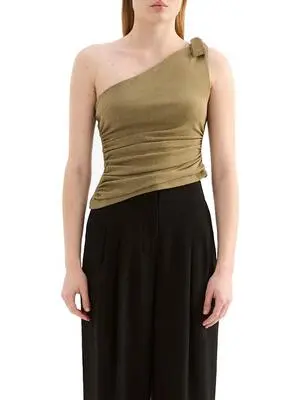 Nude Lucy Fiora One Shoulder Asymmetrical Hem Mesh Top - Deep Olive