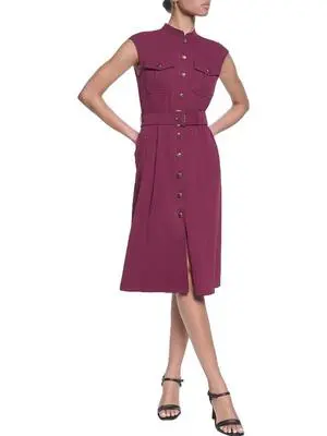 Karl Lagerfeld Paris Sleeveless Mandarin Collar Belted Shirtdress - Port