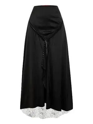 PCFG Satin Maxi Skirt With Lace Panel And Slit - Black