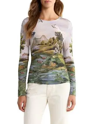 Farm Rio Ruched Landscape Print Long Sleeve Top - Green