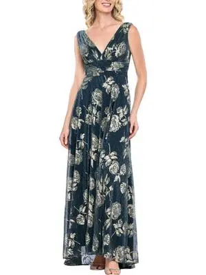 Betsy & Adam Floral Metallic Gown - Teal/gold