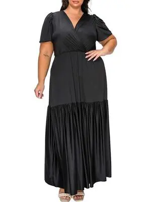 L I V D Violetta Tiered Surplice Maxi Dress Black